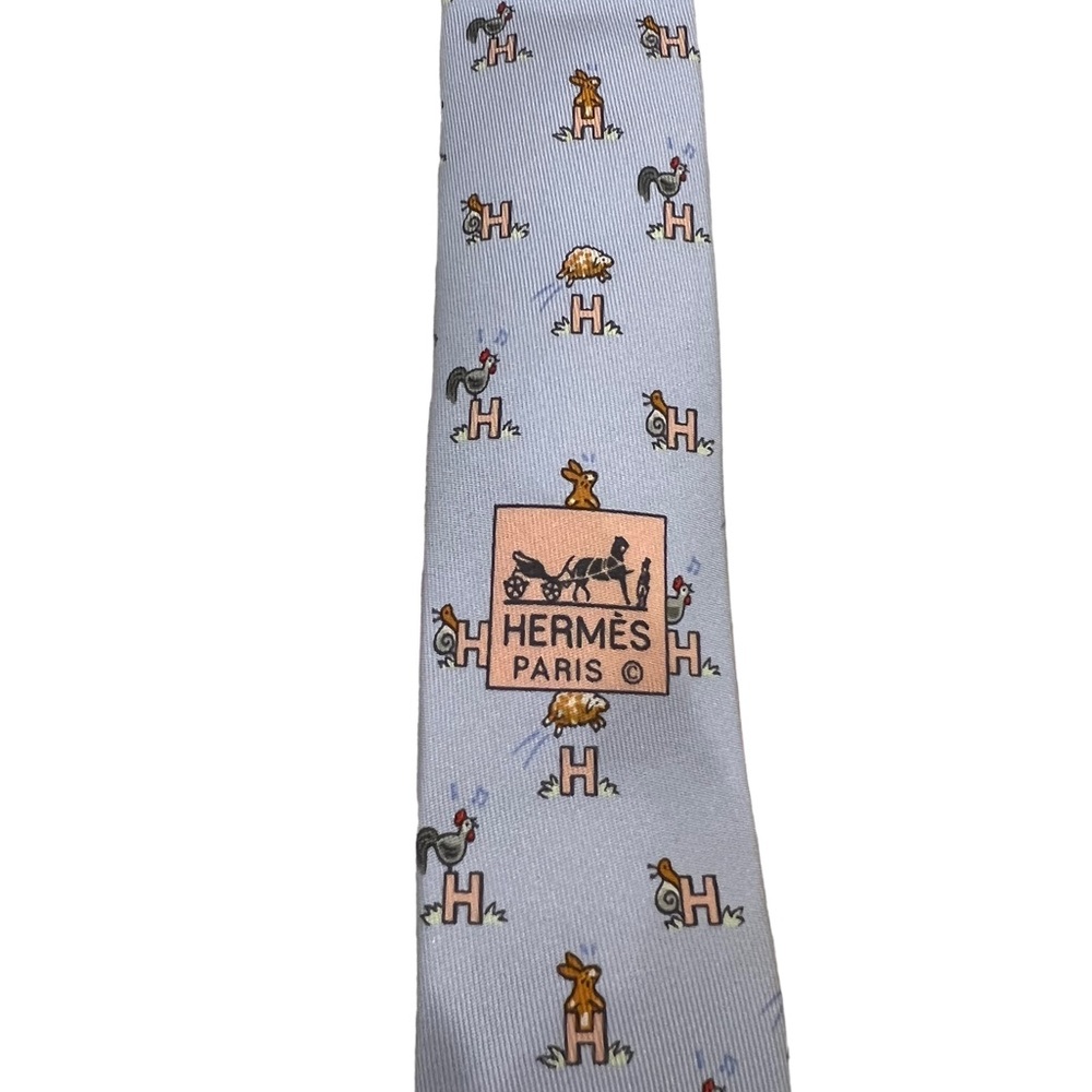 Hermes Mens Light Blue Hen And Rabbit Print Tie - Gem